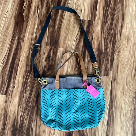 Fossil | Bags | Fossil Keely Teal With Black Chevron Leather And Brown ...